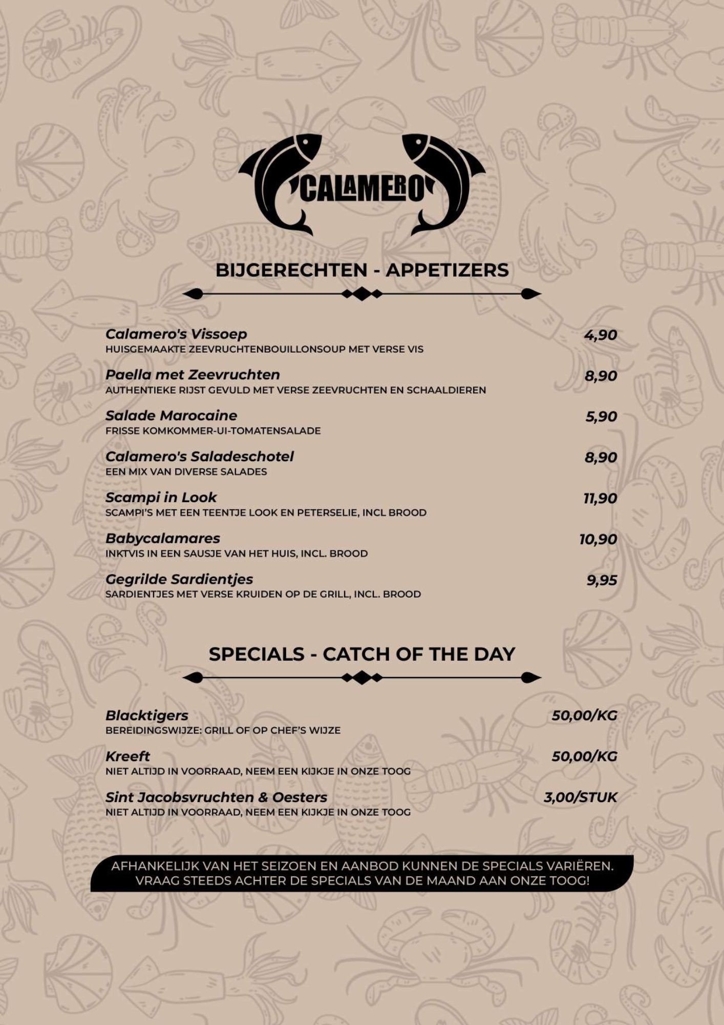 Menu kaart Calamero